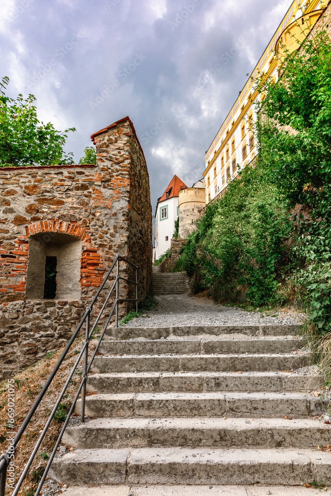 PasView of Veste Oberhaus castle. Inner courtyard of medieval castle ...