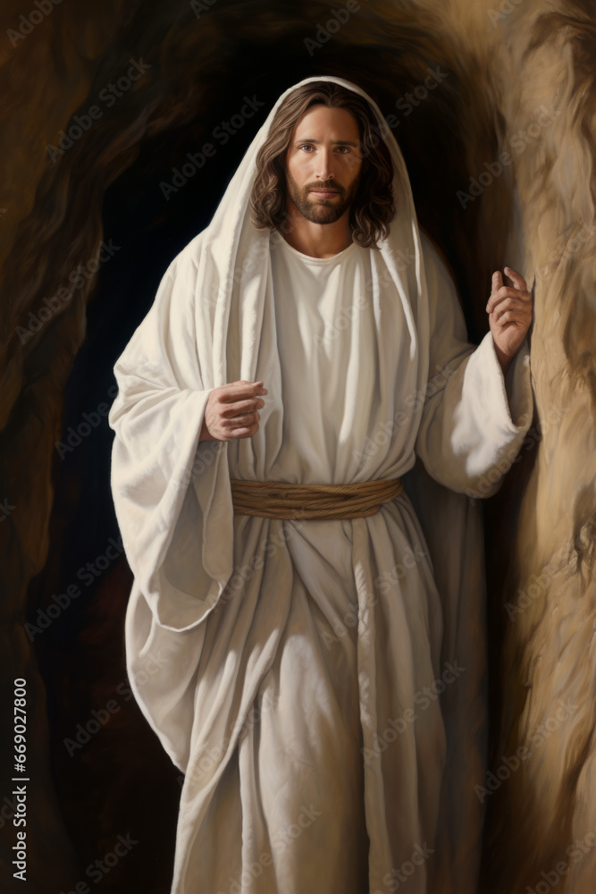 Jesus Christ emerging from a stone cave door in the style of tenebrism ...