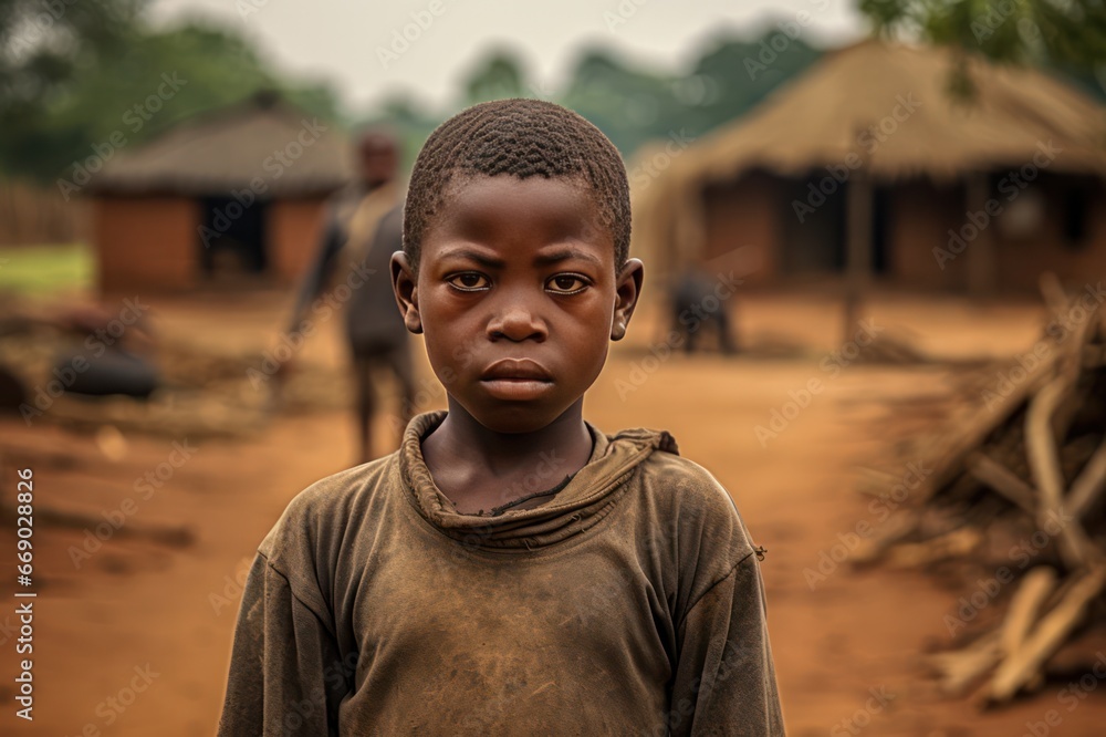 sad serious African boy in a village. Africa social issues. Stock Photo ...