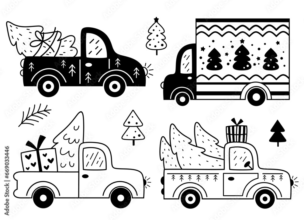 Black and white Christmas cars clipart. Christmas tree truck clipart in ...