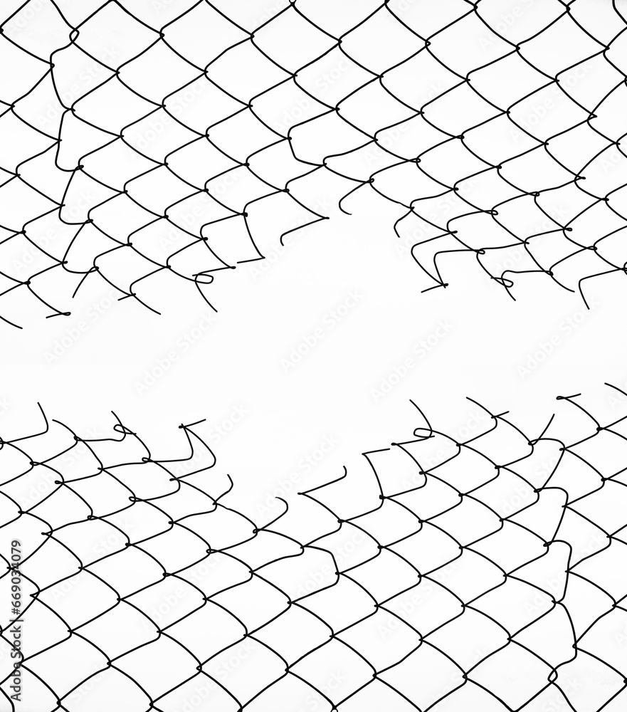 Opening in metallic net fence. isolated on white background. Challenge ...