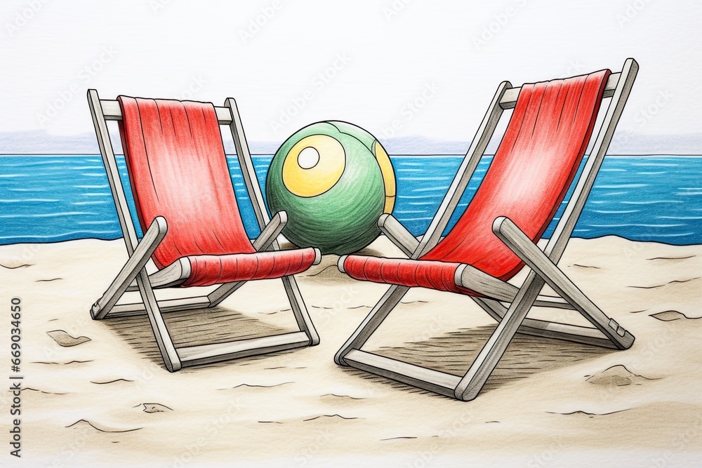 Beach Drawing with Playful Beach Ball and Lounging Chairs Vibrant and ...