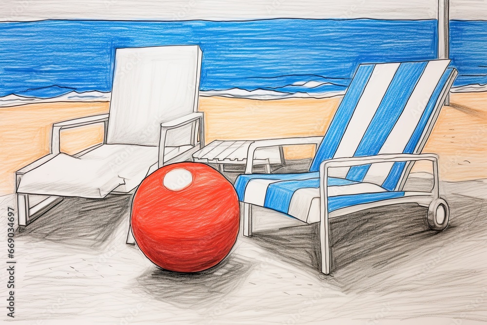 Beach Drawing: Playful Beach Ball and Lounging Chairs in a Serene ...
