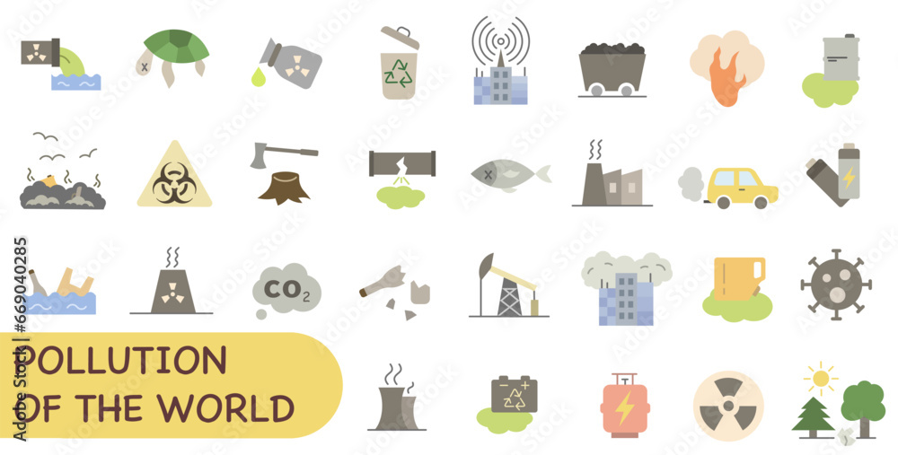 Colored environmental pollution icons. Environmental pollution. Causes ...