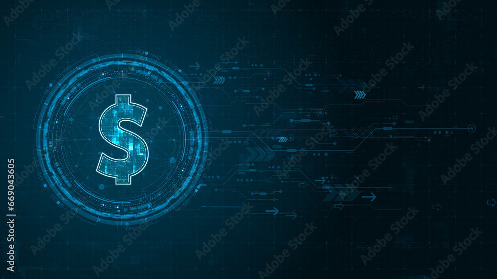 Blue digital money logo with rotation HUD UI circle technology ...