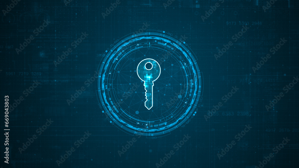 Blue digital security key logo and circle futuristic HUD elements with ...
