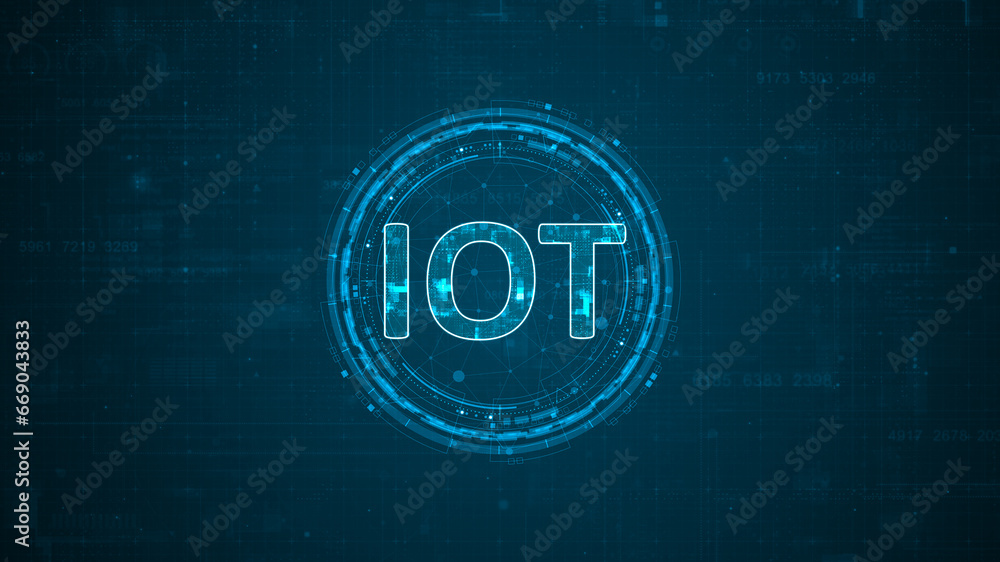 Blue digital IOT letter and circle futuristic HUD elements with flowing ...