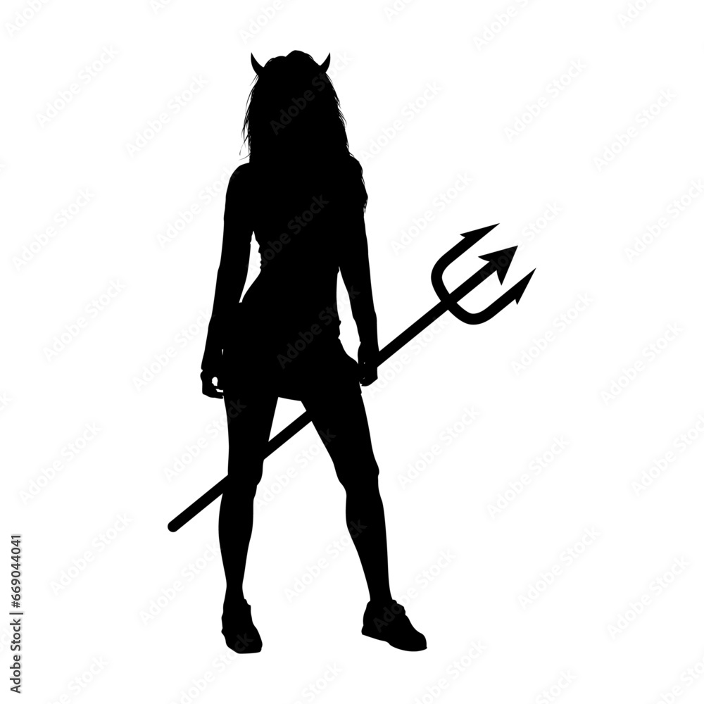 Silueta de joven chica demonio sexy de pie con minifalda, cuernos y ...