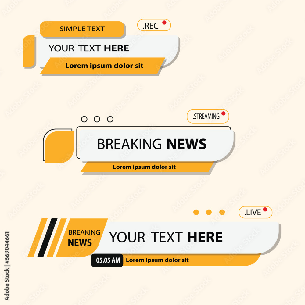 Set of Lower third vector design with orange shape overlay strip text video. News Lower Thirds ...