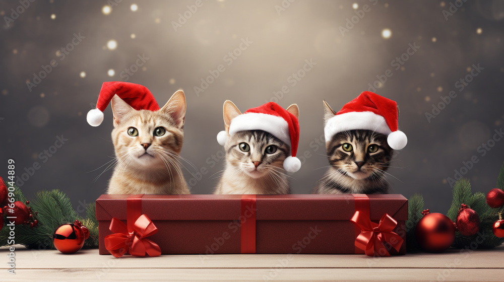 Group of three cats celebrating christmas with a santa claus and ...