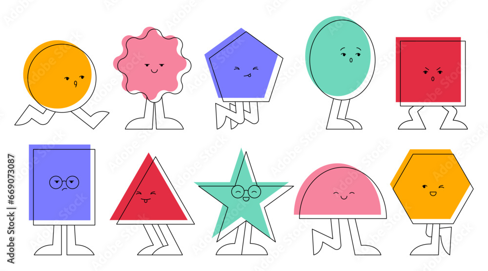 Set of funny geometric characters. Comic simple shapes, geometry ...