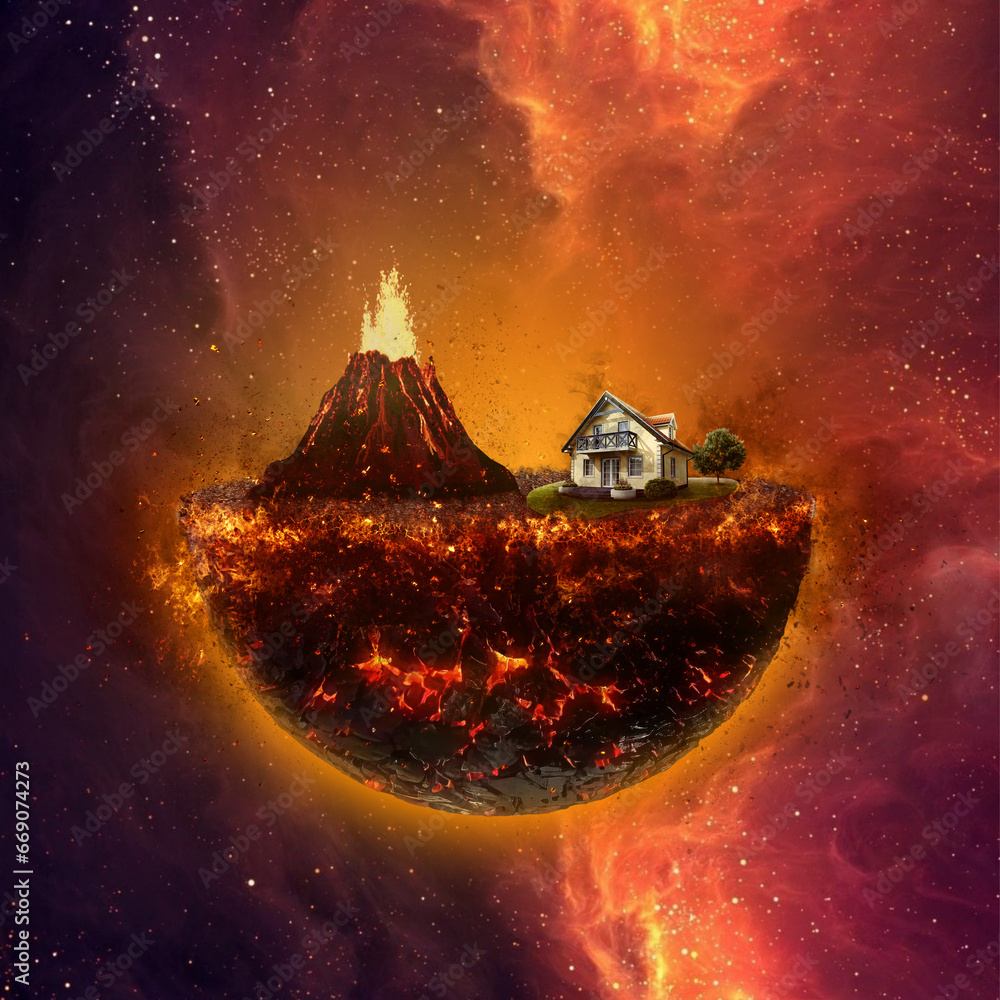 Floating island on space made of lava with a vulcano erupting and a ...