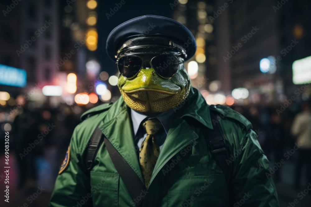 human evolved from frogs wearing police uniform with aviator sunglasses ...