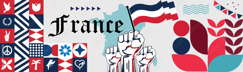 France national day banner design. French flag and map theme with Paris ...