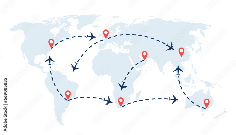 World travel map with airplanes, flight routes and pins marker. Vector ...
