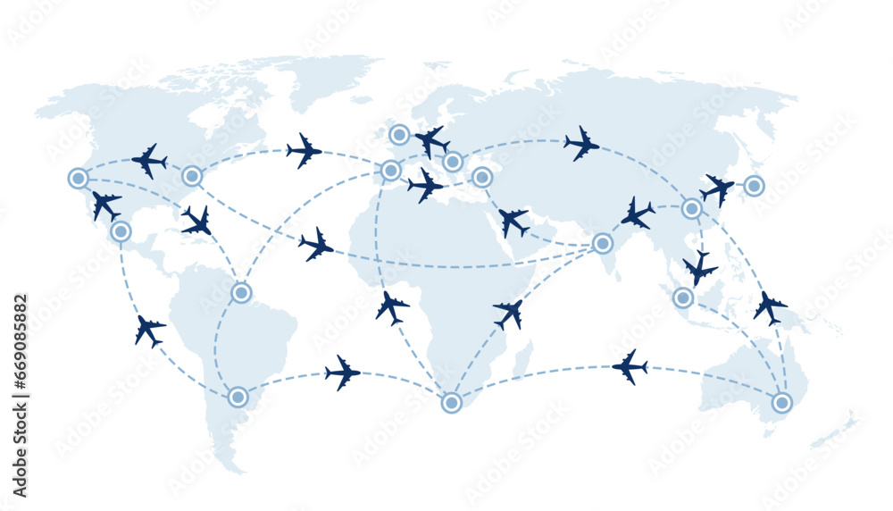 World travel map with airplanes, flight routes and pins marker. Vector ...