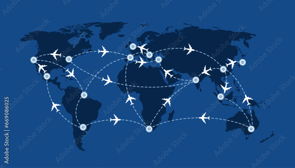 World travel map with airplanes, flight routes and pins marker. Vector ...