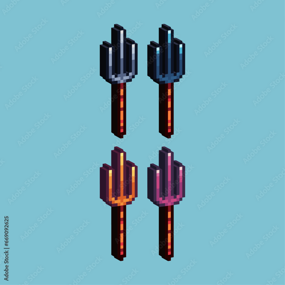 Isometric Pixel art 3d of trident weapon for items asset. Trident on ...