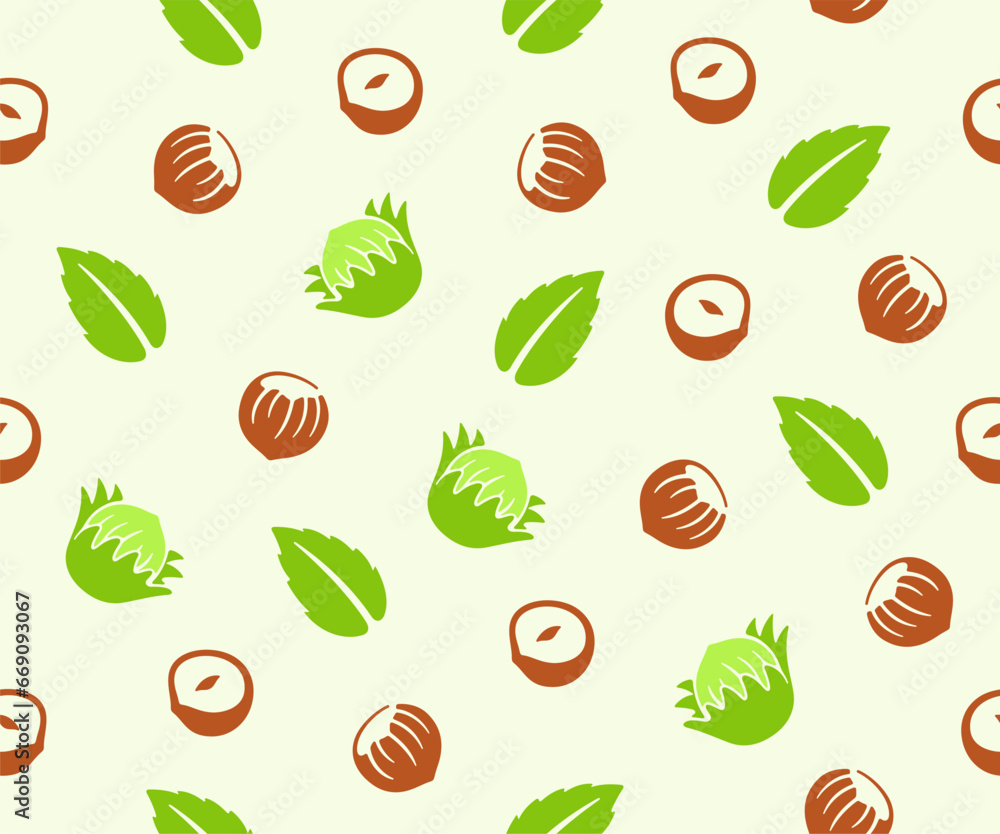 Hazelnut, cobnut, filbert, nut, leaves and plant, seamless vector ...