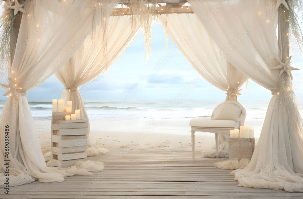 Beach Wedding Backdrop for Photography featuring boho white drapery on ...