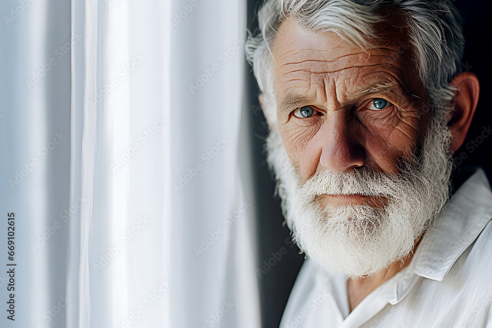 Wrinkled face of older man with gray hair and beard looking at camera ...