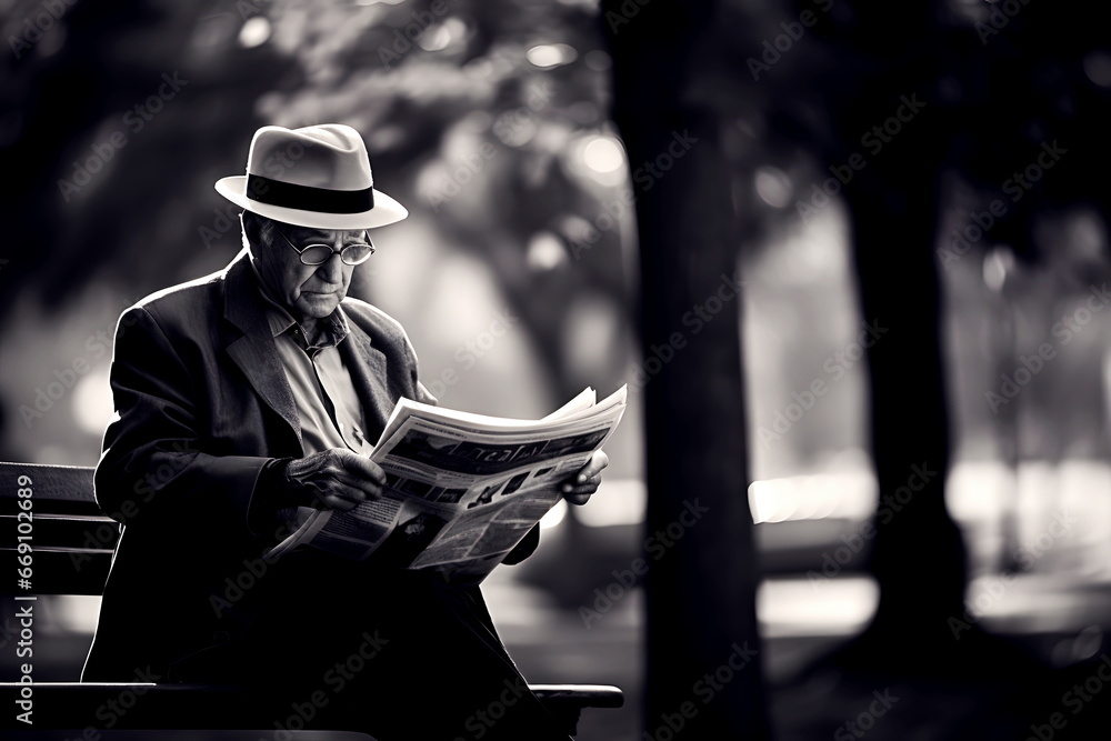 Senior citizen in white hat sitting on park bench and reading newspaper ...