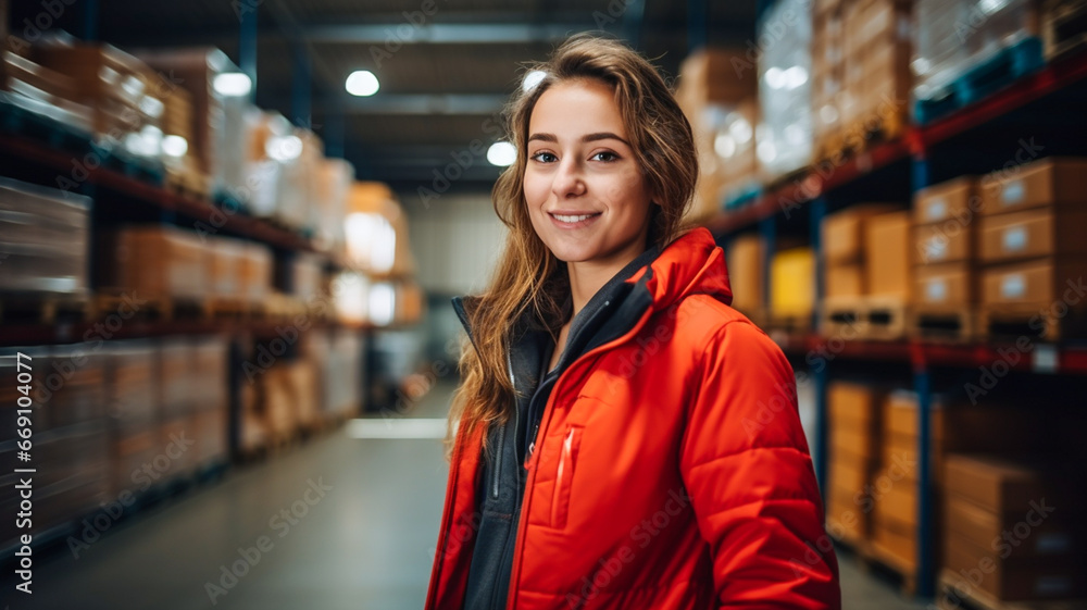 Portrait of happy young woman warehouse worker looking at camera. Woman ...
