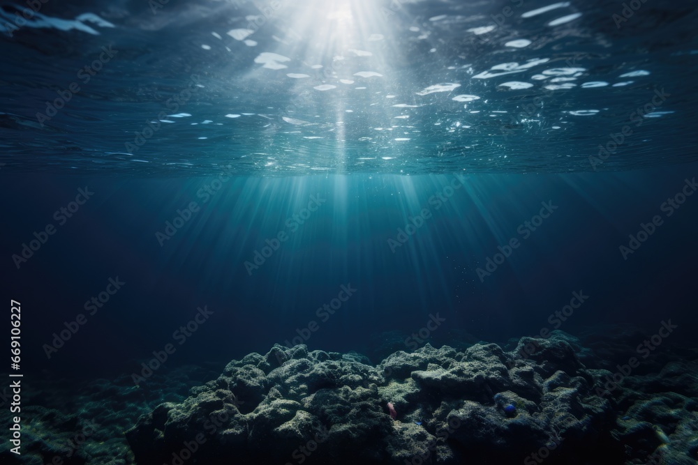 Deep blue ocean floor with reefs. Empty ocean bottom. Sun rays shining ...