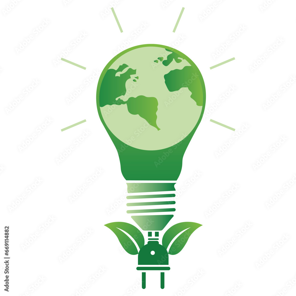 Light bulb, green color eco friendly energy icon with leaf. Sustainable, renewable, logo concept ...