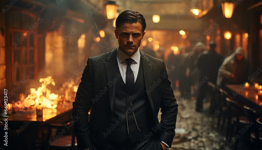 men who are masked criminals and part of the mafia. with fire in the ...