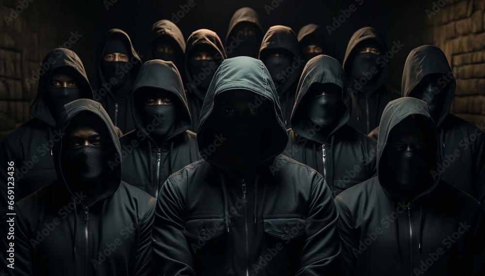 men who are masked criminals and part of the mafia. with fire in the ...