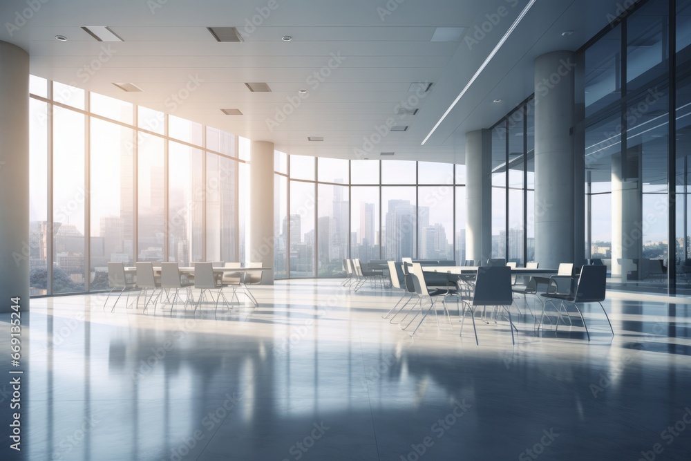 Empty Modern office building with glass walls and windows with much ...