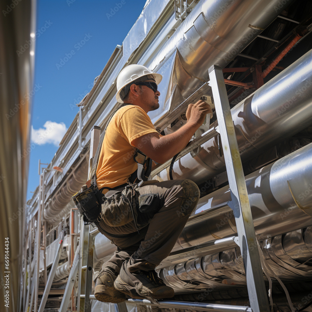 Hanging worker checking and installing the pipes. Stock Illustration ...