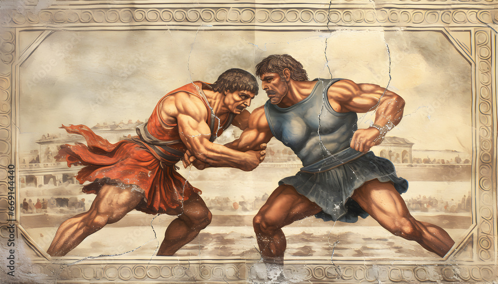 Fiction antique art paint of Greco-Roman style wrestlers. Athletes ...