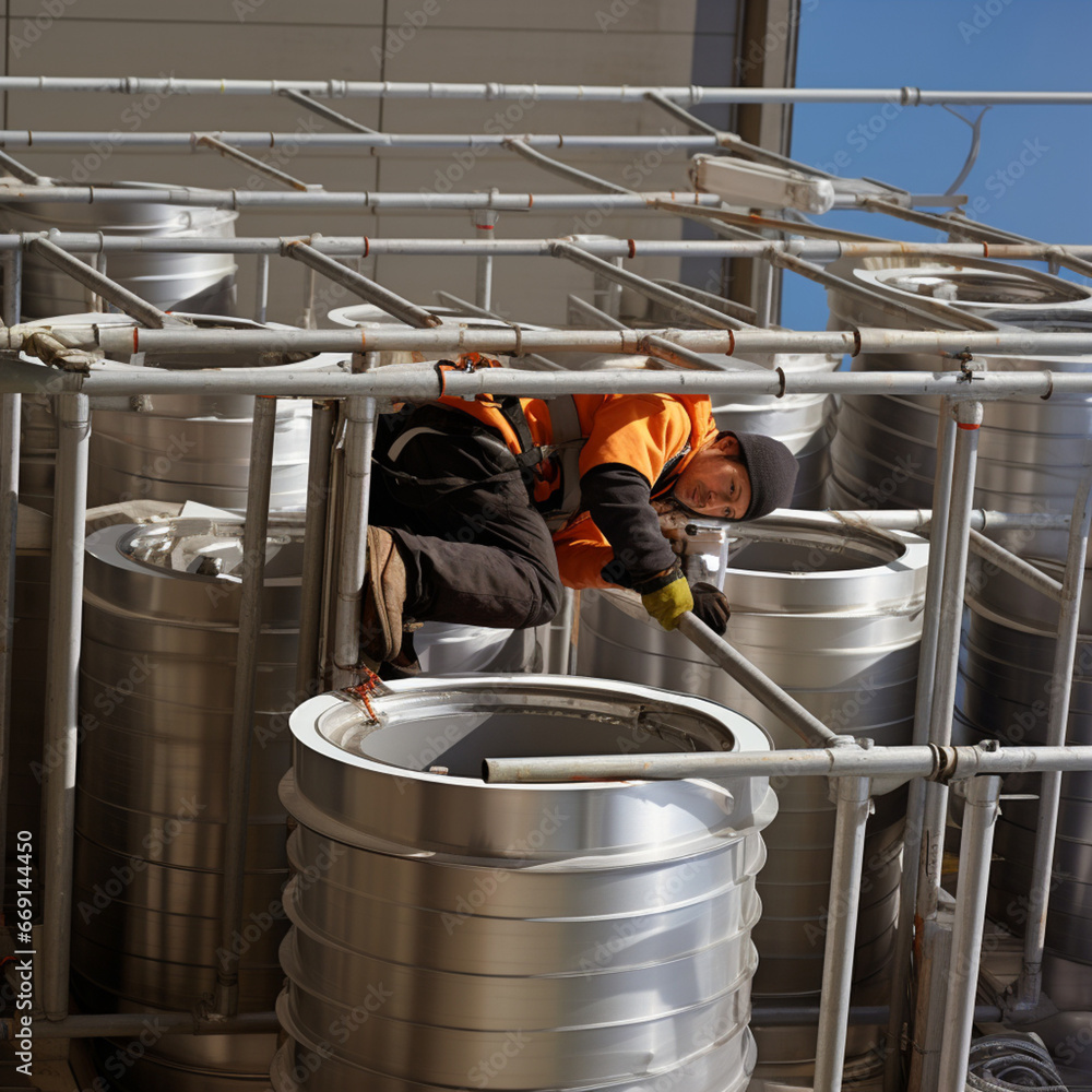 Hanging worker checking and installing the pipes. Stock Illustration ...