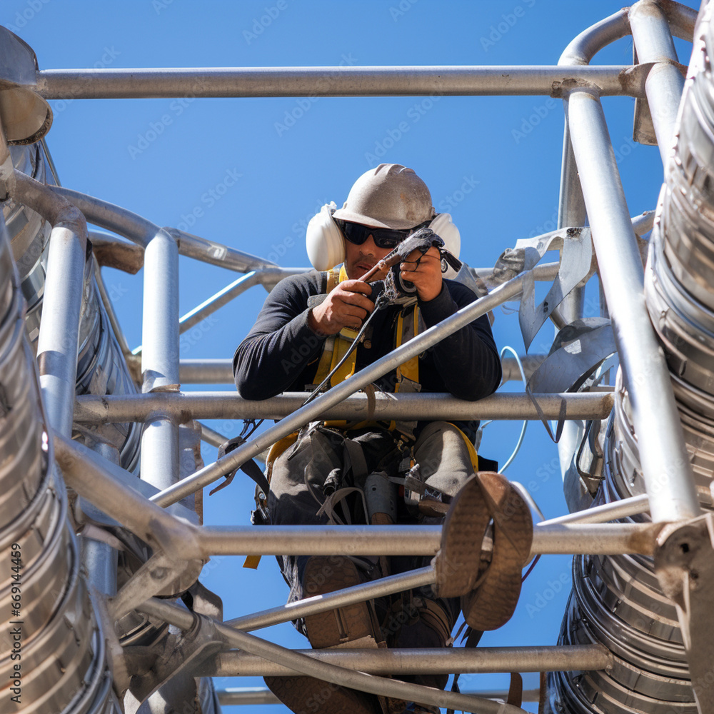 Hanging worker checking and installing the pipes. Stock Illustration ...
