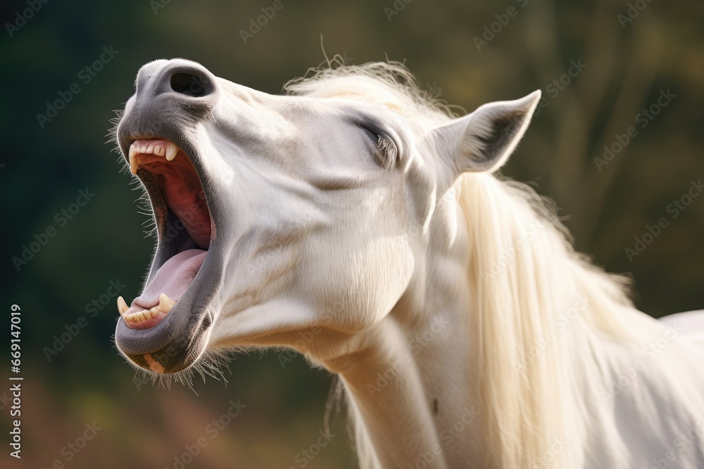 a white horse with it's mouth open and it's mouth wide open with it's ...