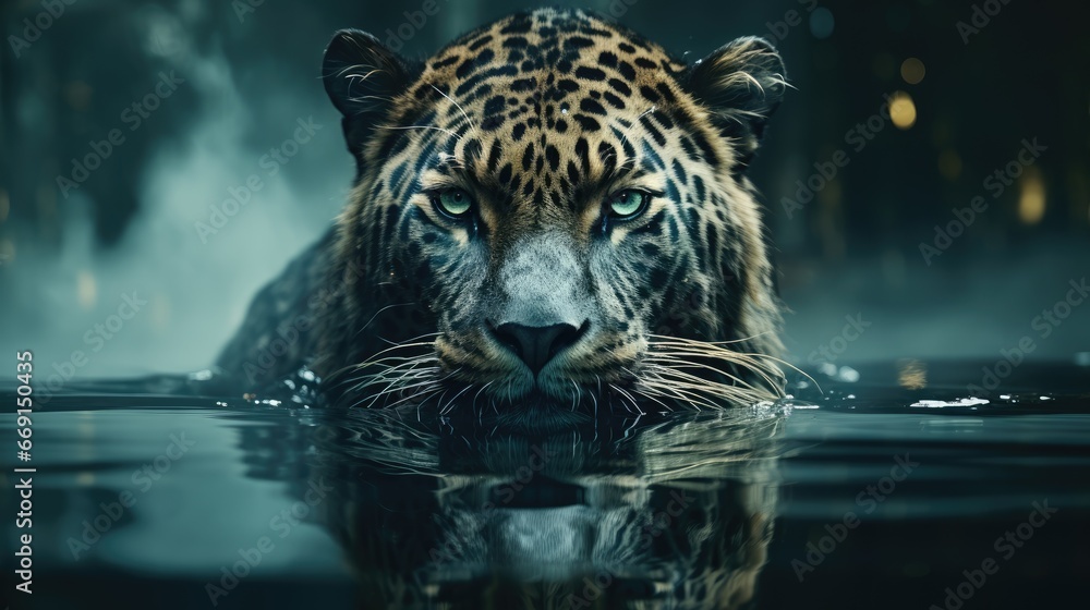 a close up of a jaguar in a body of water with it's head above the ...