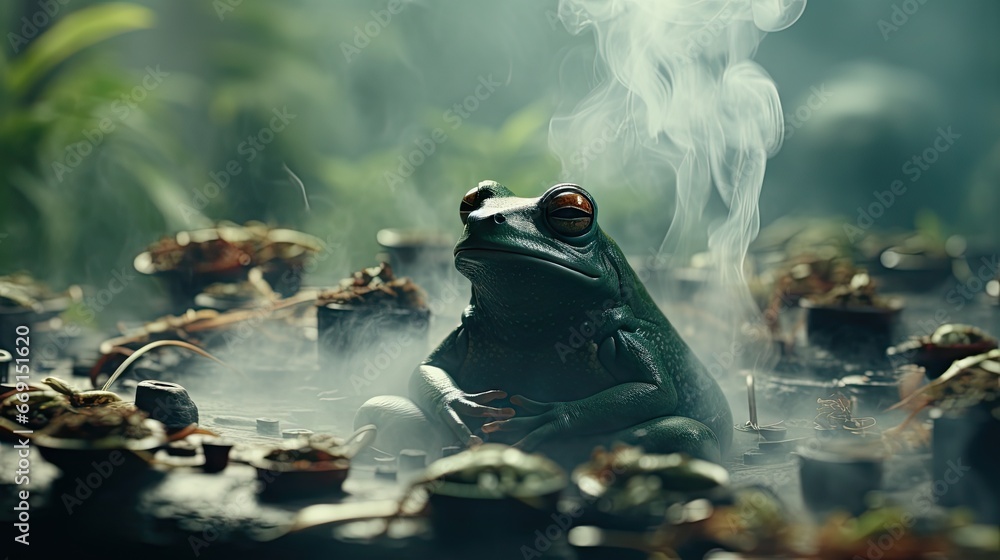 a frog sitting on the ground with steam coming out of it's eyes and a ...