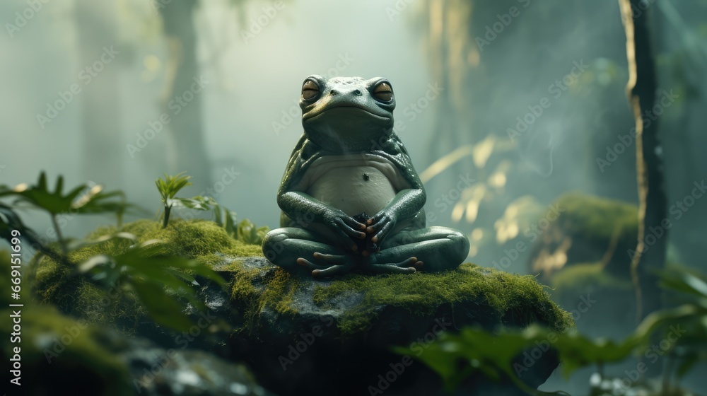 a frog sitting on a mossy rock in the middle of a forest, with its eyes ...