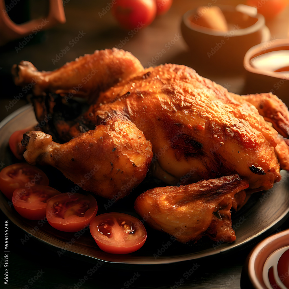 Homemade chicken rotisserie with thyme, lemon closeup on a slate board ...