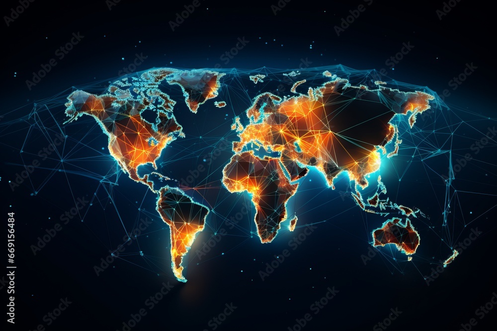 An abstract representation of a world map intertwined with trade routes ...