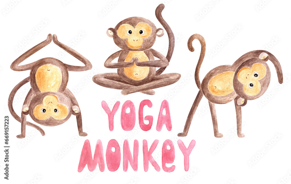 Watercolor hand drawn three monkey babies doing yoga asanas poses with ...