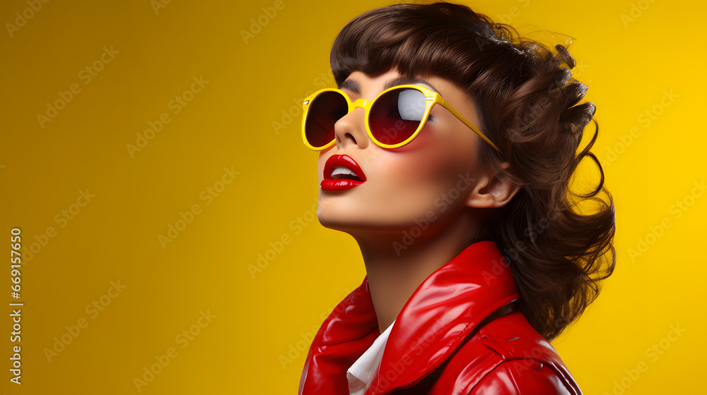 modelos con gafas de sol y estilo de los años 60 sobre fondos rojos y ...