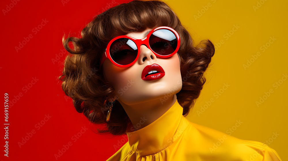 modelos con gafas de sol y estilo de los años 60 sobre fondos rojos y ...