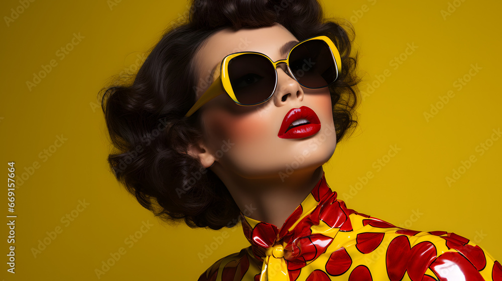 modelos con gafas de sol y estilo de los años 60 sobre fondos rojos y ...