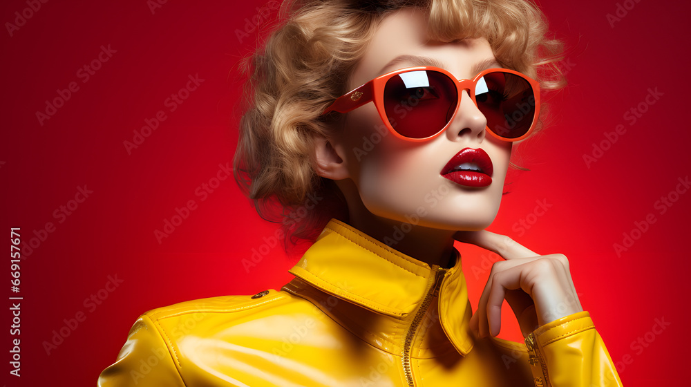 modelos con gafas de sol y estilo de los años 60 sobre fondos rojos y ...