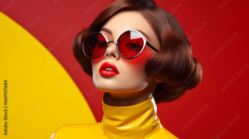 modelos con gafas de sol y estilo de los años 60 sobre fondos rojos y ...