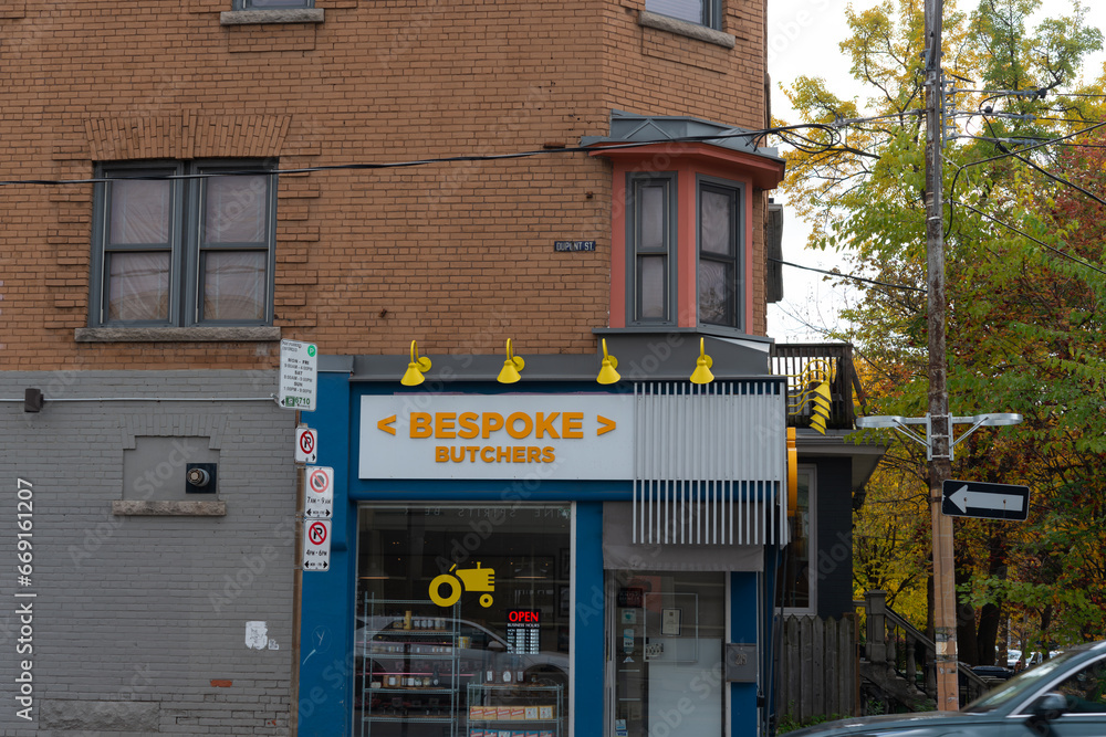 exterior building facade and sign of Bespoke Butchers, a butcher shop ...