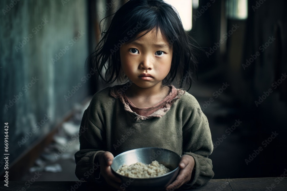 Dramatic photo of an undernourished Asian child in an unfit environment ...